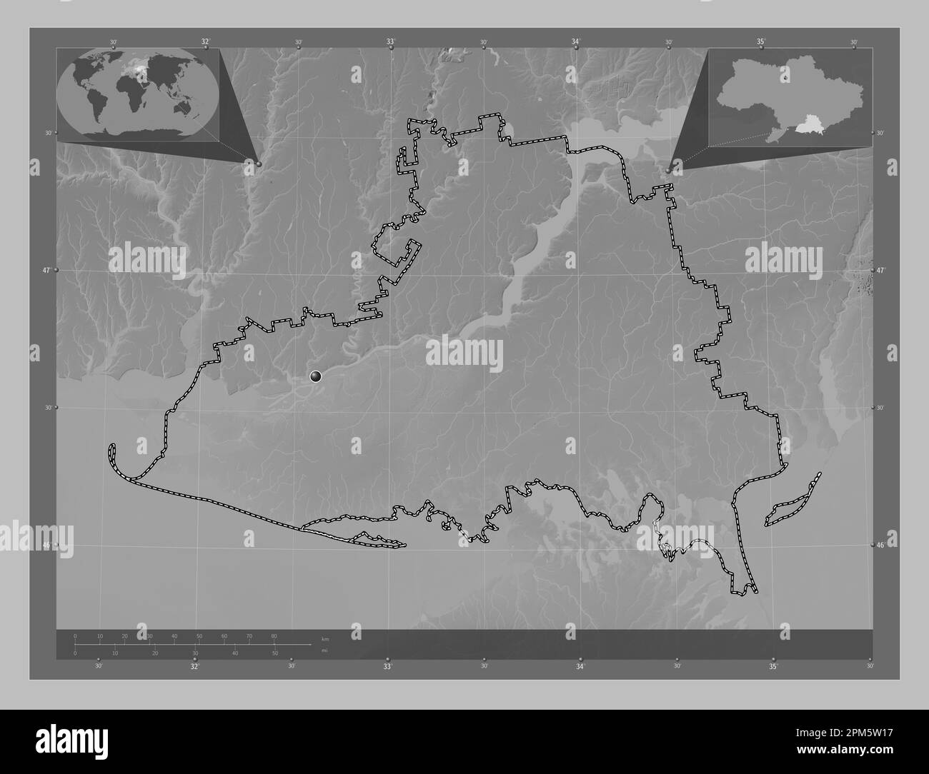 Kherson, region of Ukraine. Grayscale elevation map with lakes and ...