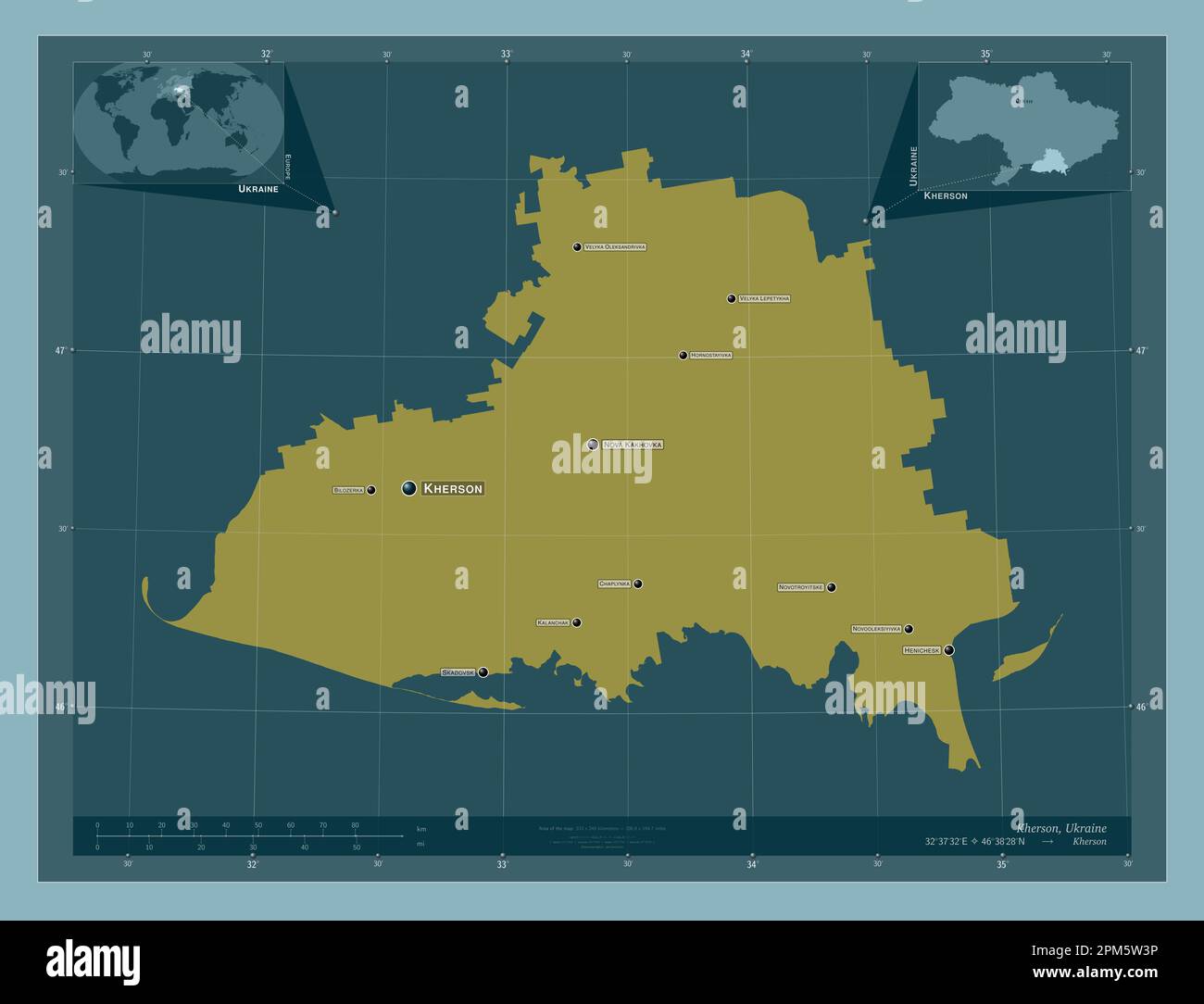 Kherson, region of Ukraine. Solid color shape. Locations and names of ...