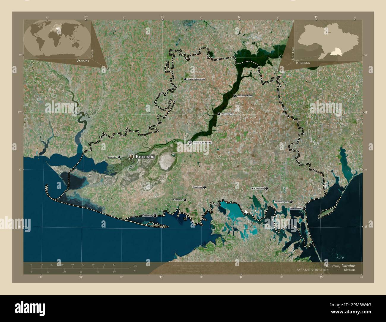 Kherson, region of Ukraine. High resolution satellite map. Locations ...