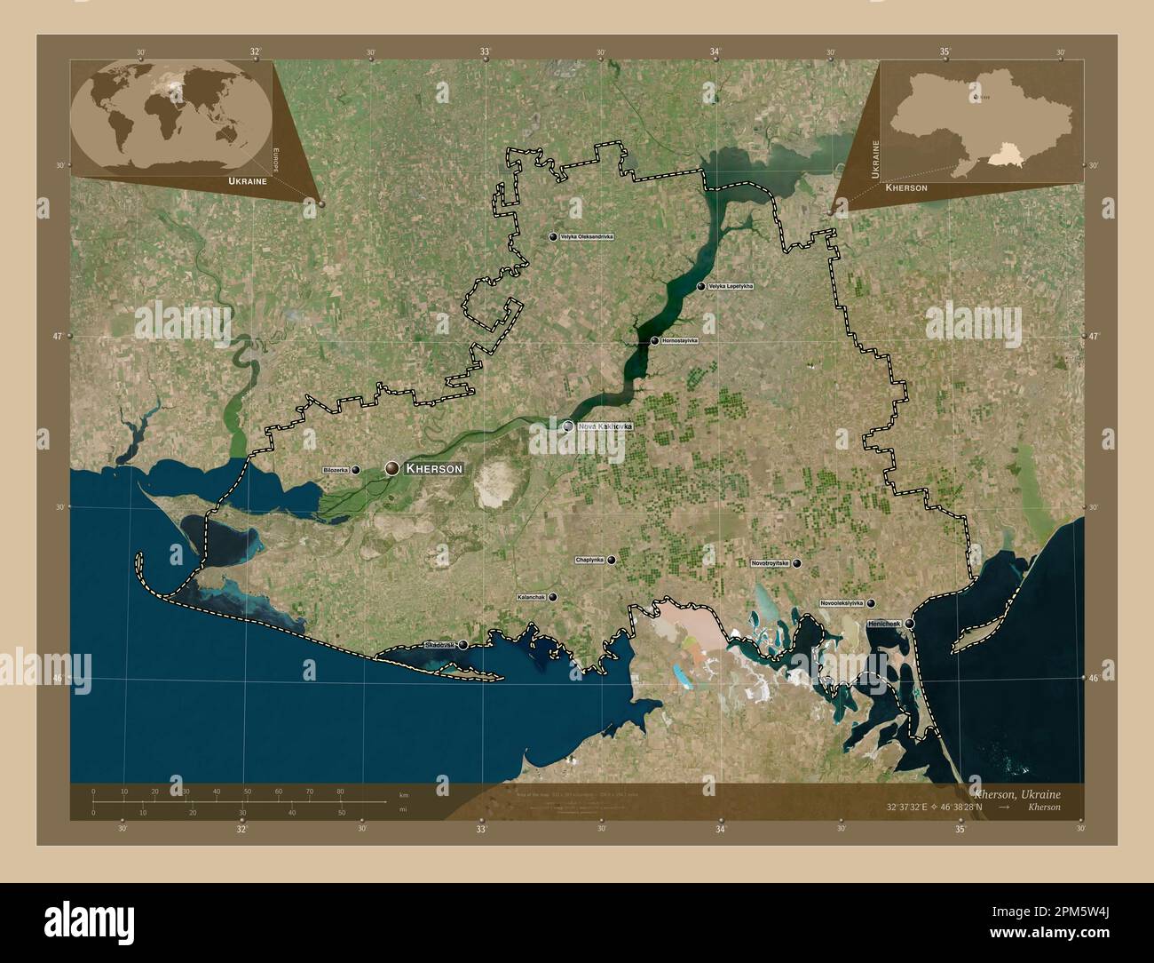 Kherson, region of Ukraine. Low resolution satellite map. Locations and ...