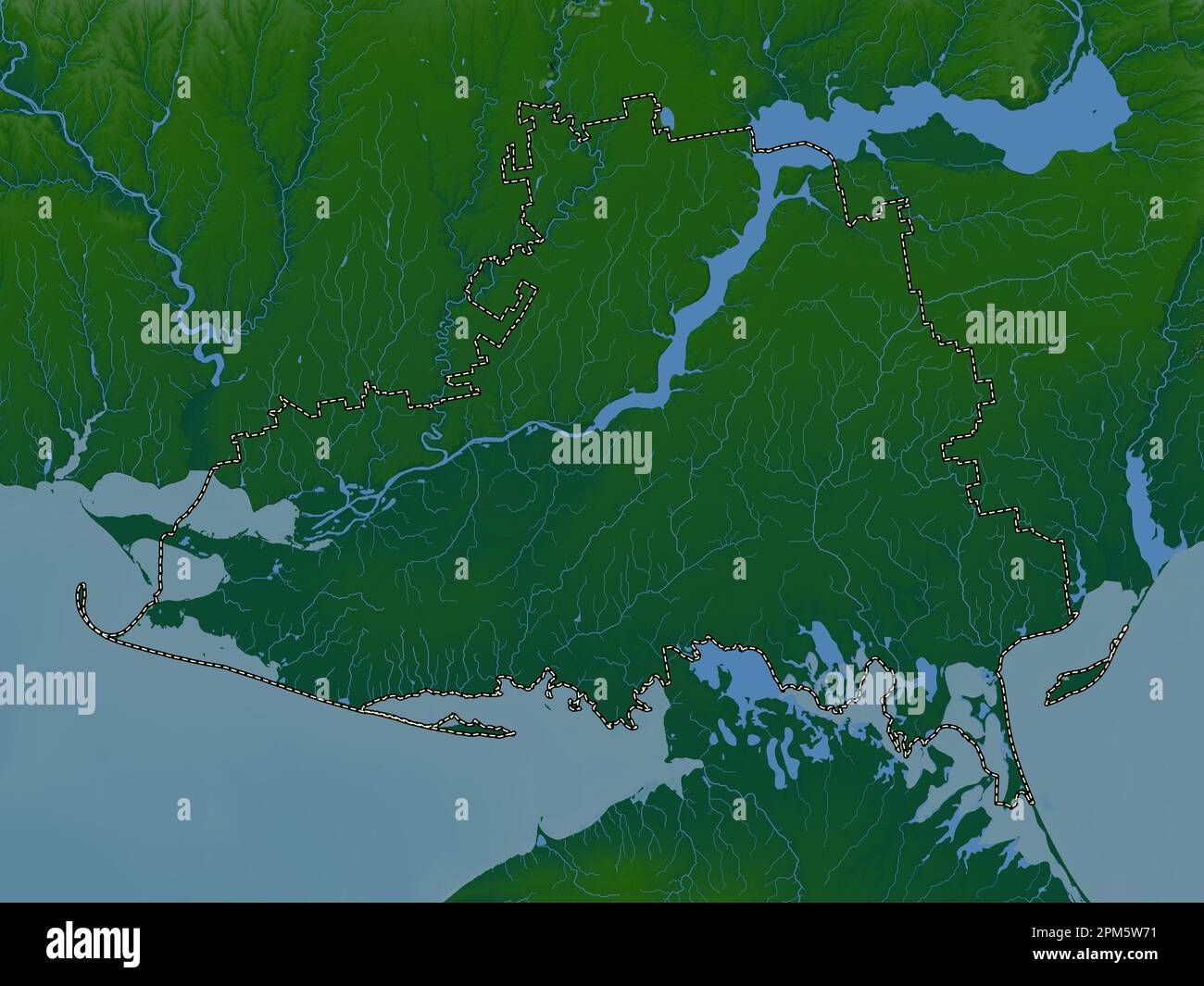 Kherson, region of Ukraine. Colored elevation map with lakes and rivers ...