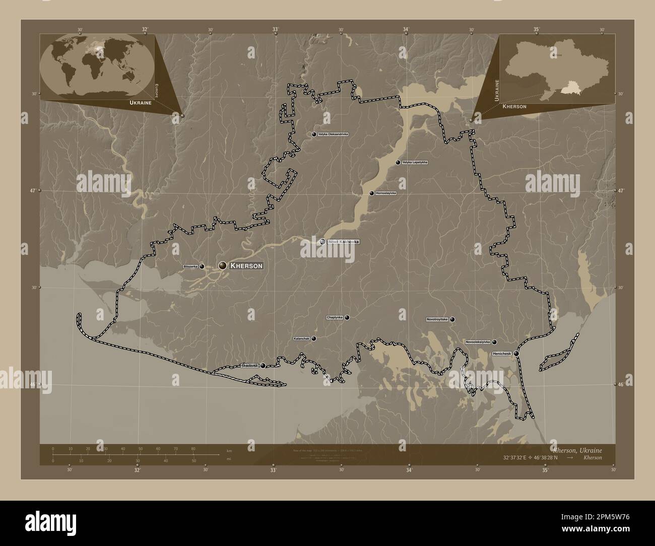 Kherson, region of Ukraine. Elevation map colored in sepia tones with ...
