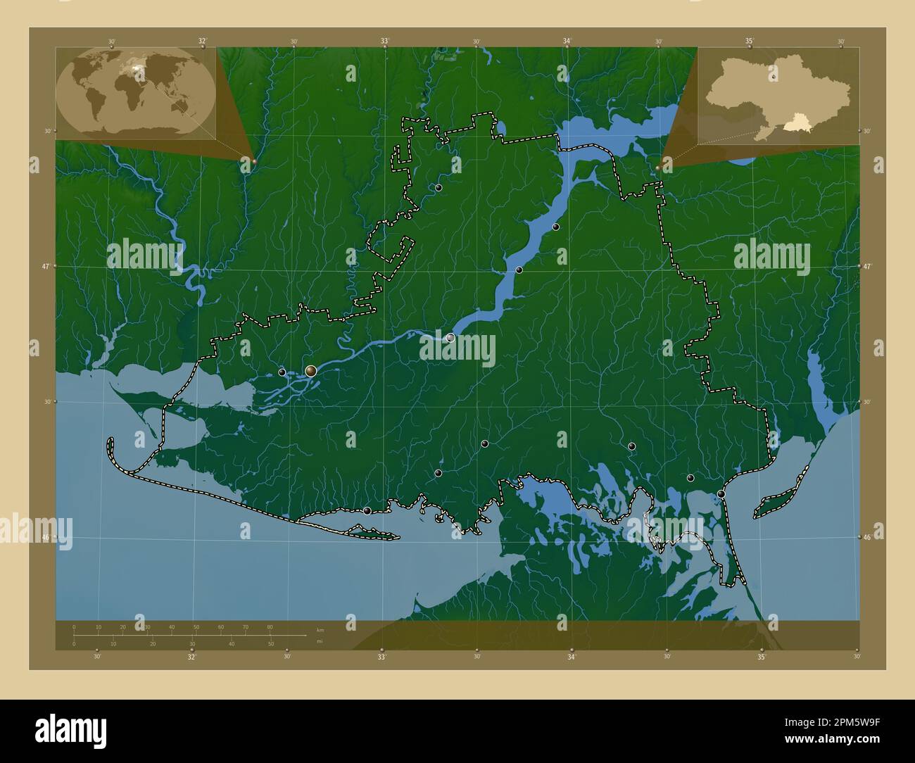Kherson, region of Ukraine. Colored elevation map with lakes and rivers ...