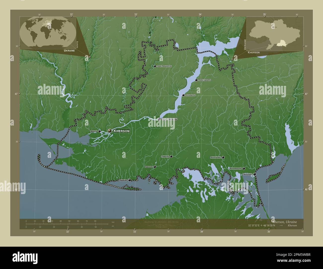 Kherson, region of Ukraine. Elevation map colored in wiki style with ...