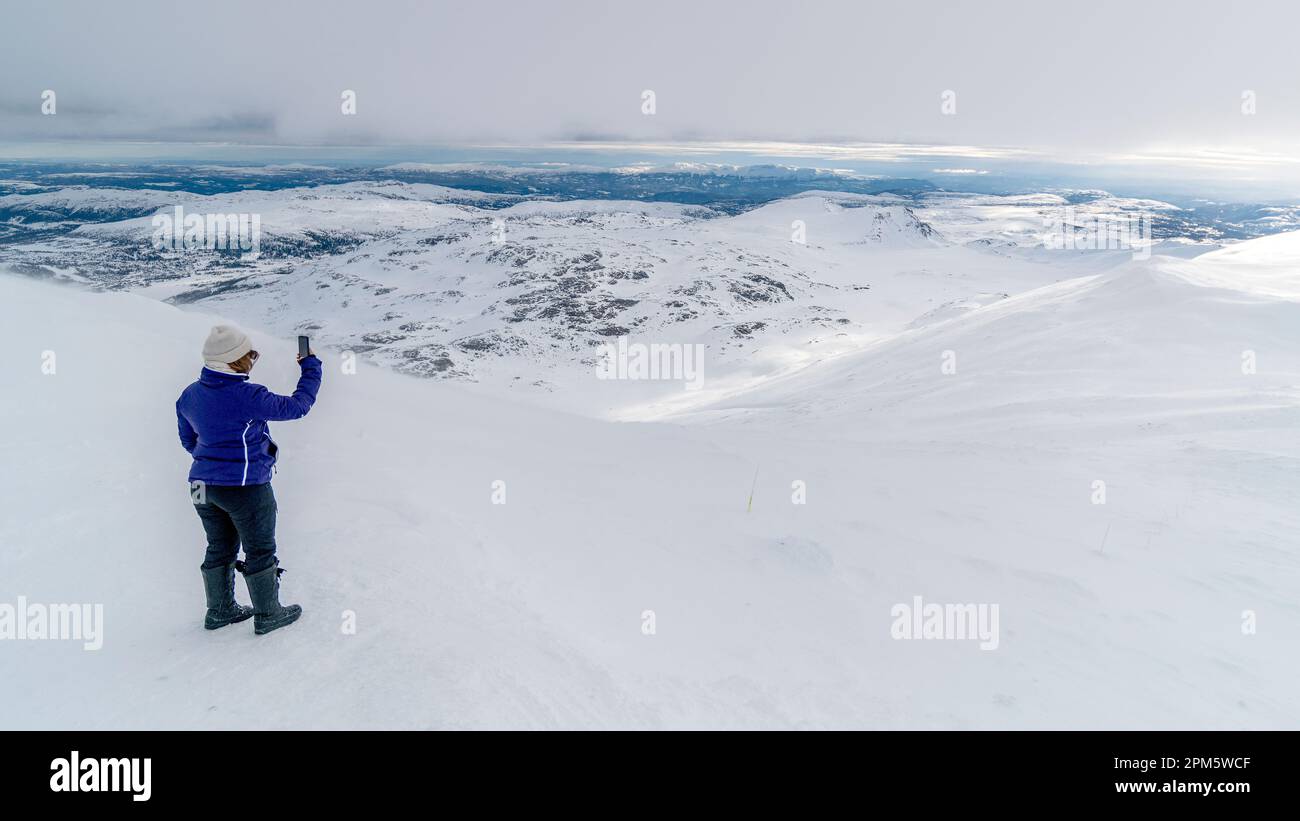View from the top of mountain Gaustatoppen (1883 m elevation) at Gausta ...