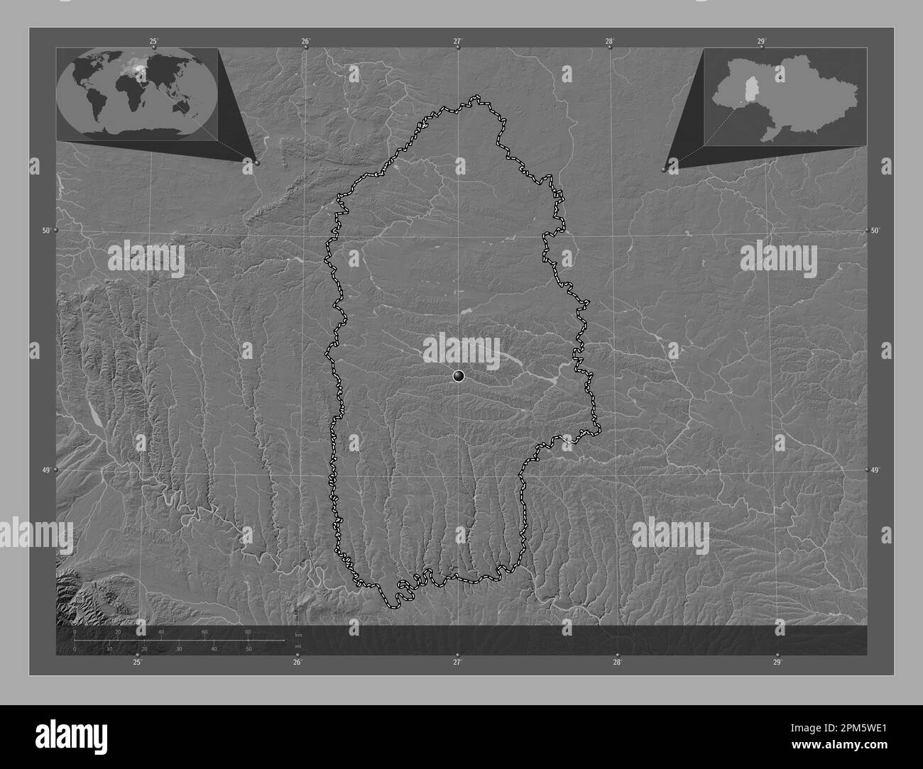Khmel'nyts'kyy, region of Ukraine. Bilevel elevation map with lakes and ...