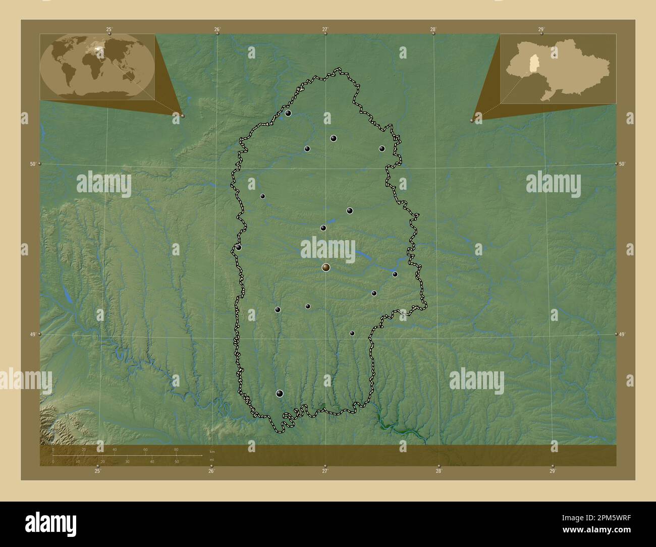 Khmel'nyts'kyy, region of Ukraine. Colored elevation map with lakes and ...
