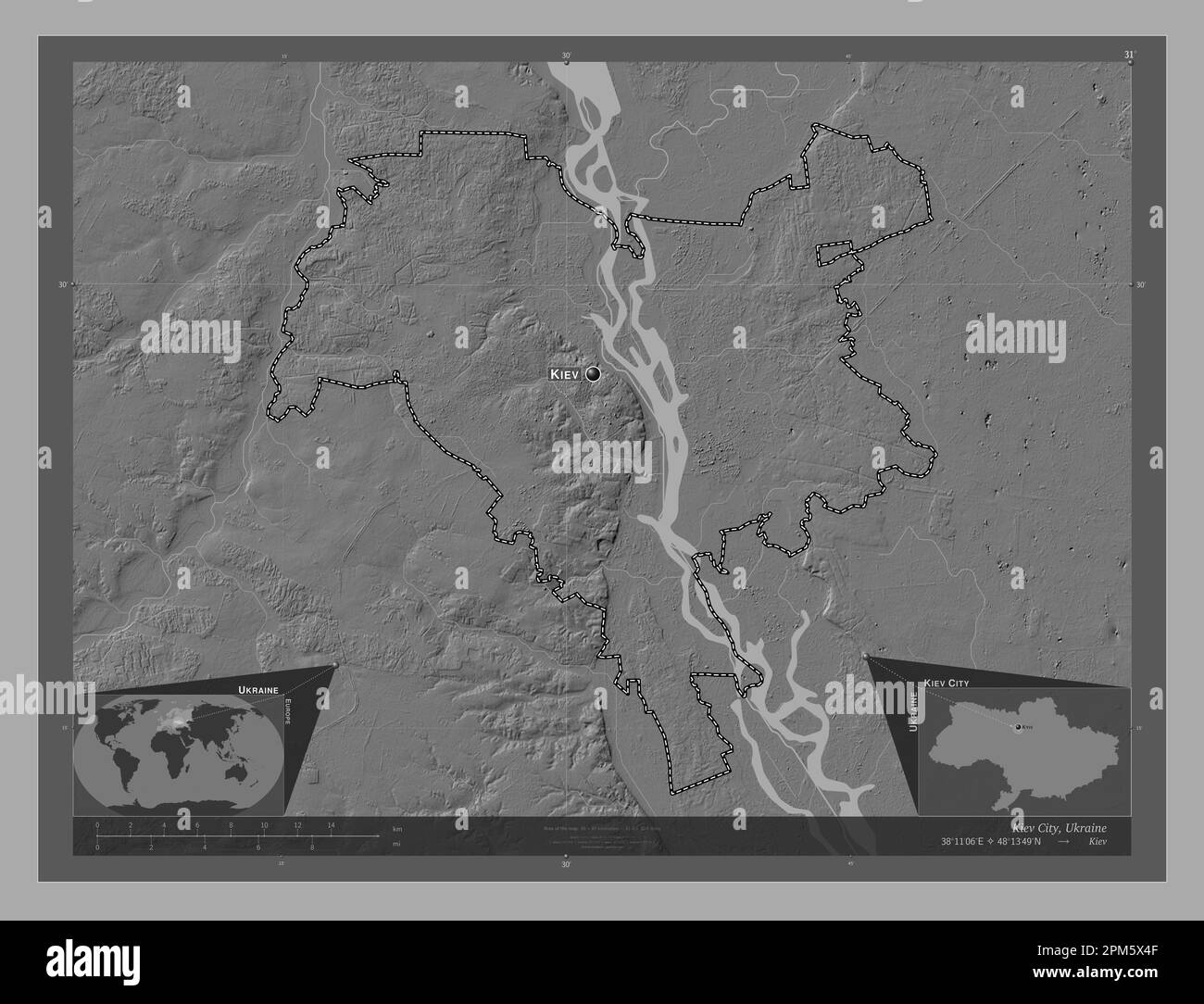 Kiev City, independent city of Ukraine. Bilevel elevation map with ...