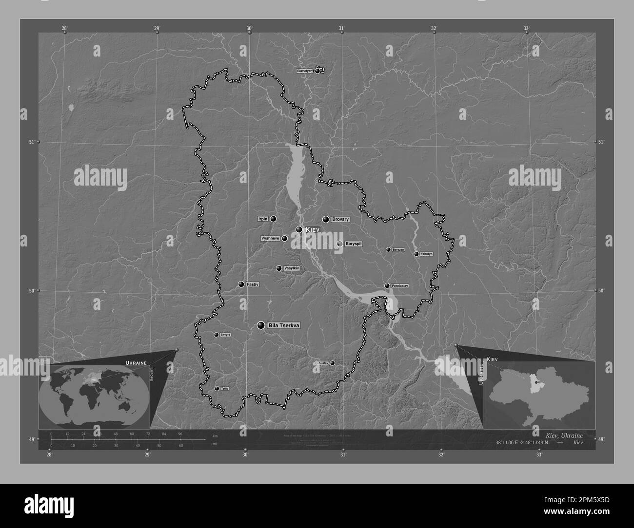 Kiev, region of Ukraine. Bilevel elevation map with lakes and rivers ...