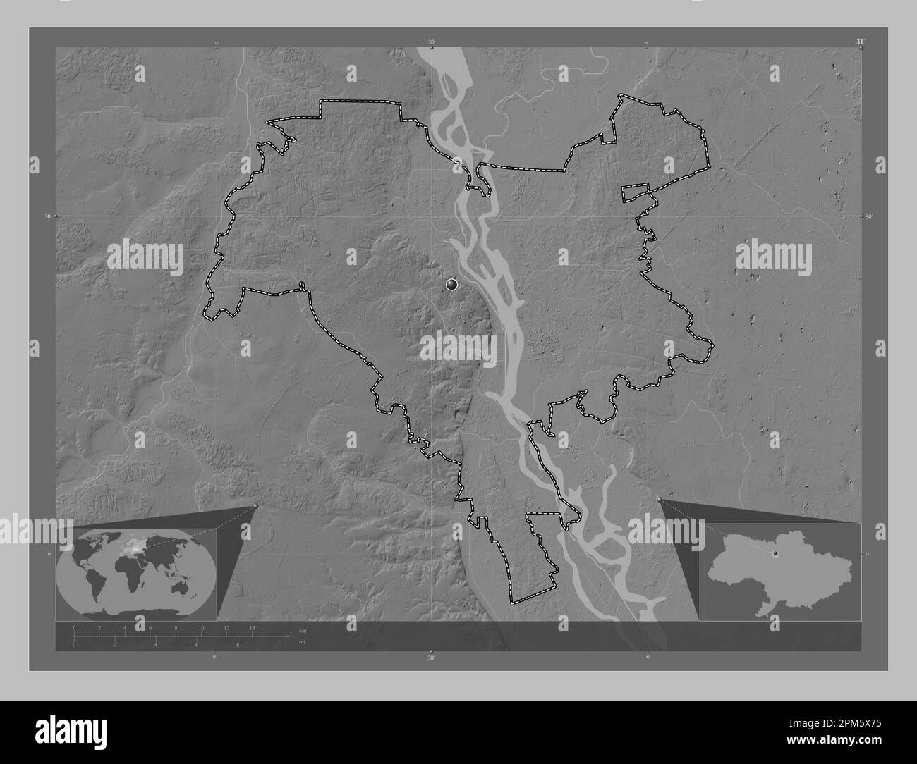 Kiev City, independent city of Ukraine. Grayscale elevation map with ...