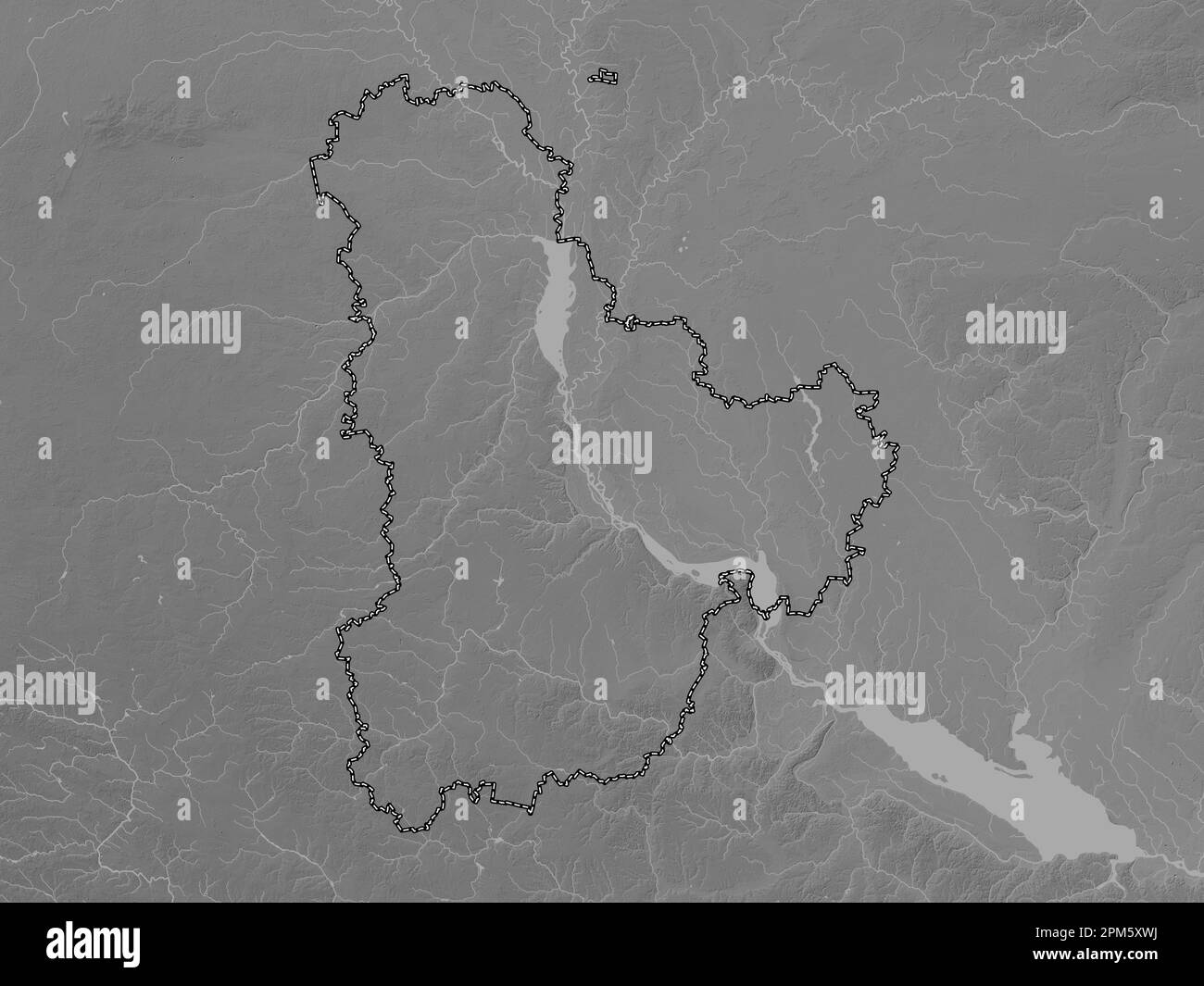 Kiev, region of Ukraine. Grayscale elevation map with lakes and rivers ...