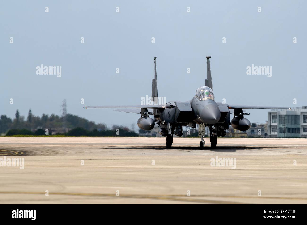 An F-15E Strike Eagle assigned to the 336th Fighter Squadron arrives at Kadena Air Base, Japan ...