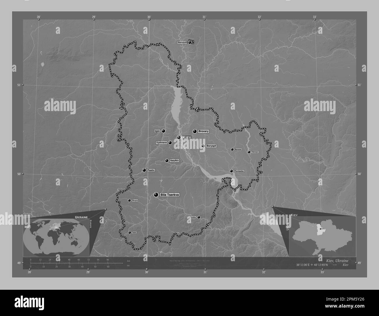 Kiev, region of Ukraine. Grayscale elevation map with lakes and rivers ...