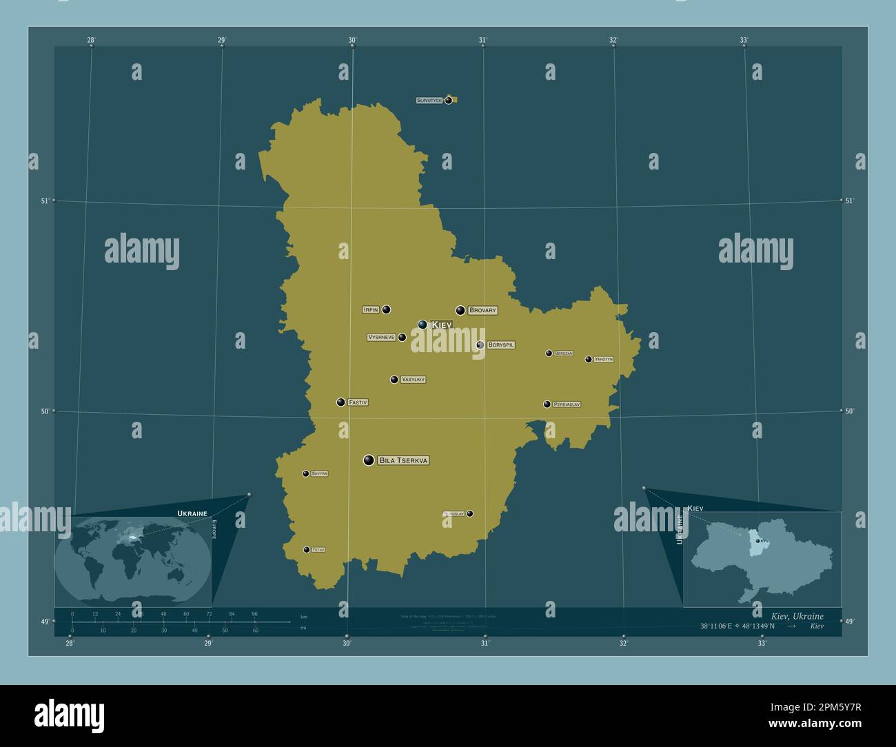 Kiev, region of Ukraine. Solid color shape. Locations and names of ...
