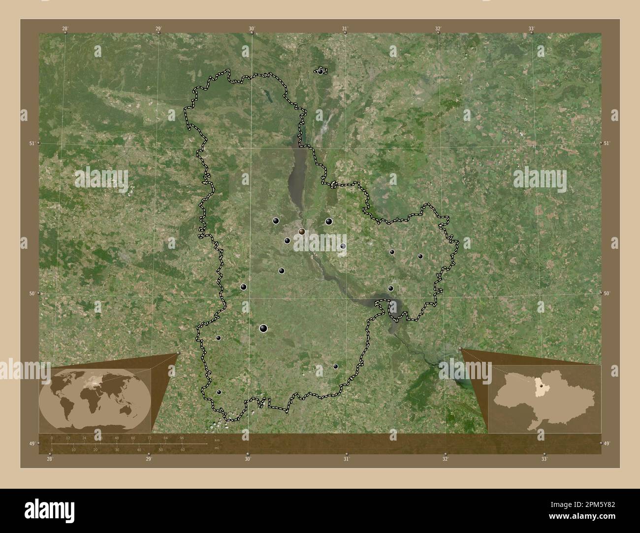 Kiev, region of Ukraine. Low resolution satellite map. Locations of ...