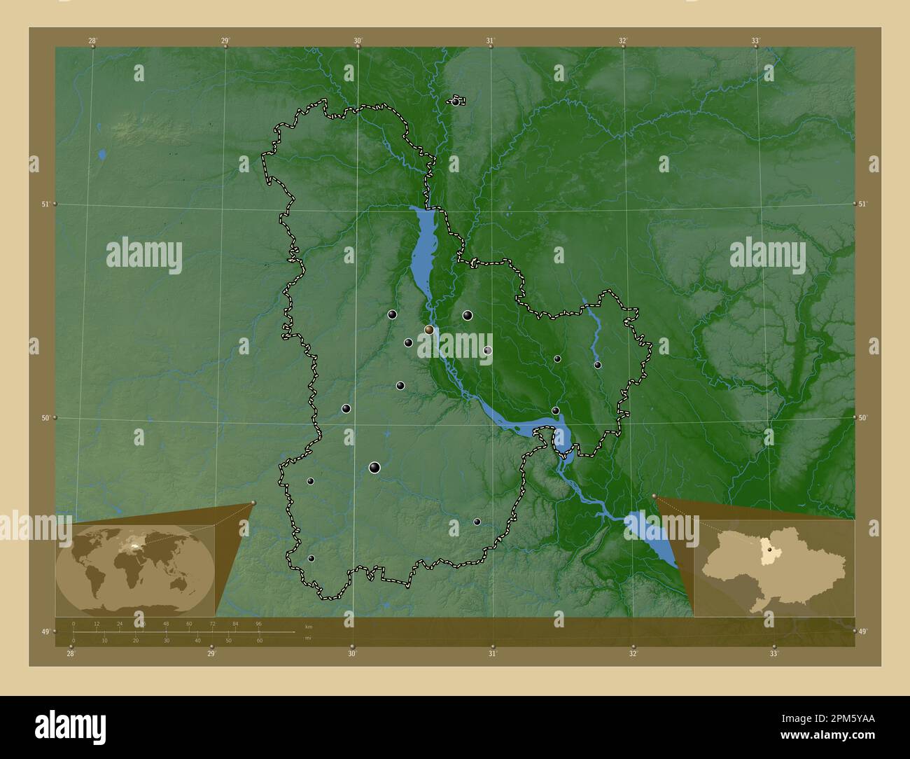 Kiev, region of Ukraine. Colored elevation map with lakes and rivers ...