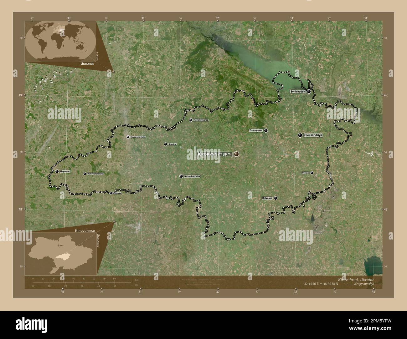 Kirovohrad, region of Ukraine. Low resolution satellite map. Locations ...