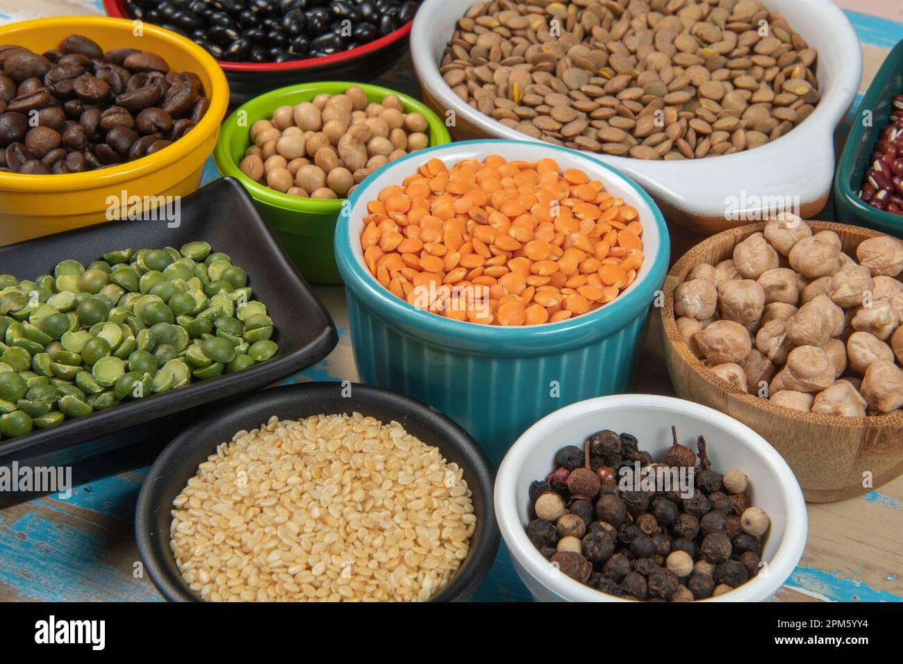 assorted bowls with raw grain and seeds viewed from above Stock Photo ...