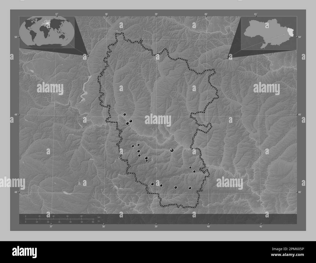 Luhans'k, region of Ukraine. Grayscale elevation map with lakes and ...