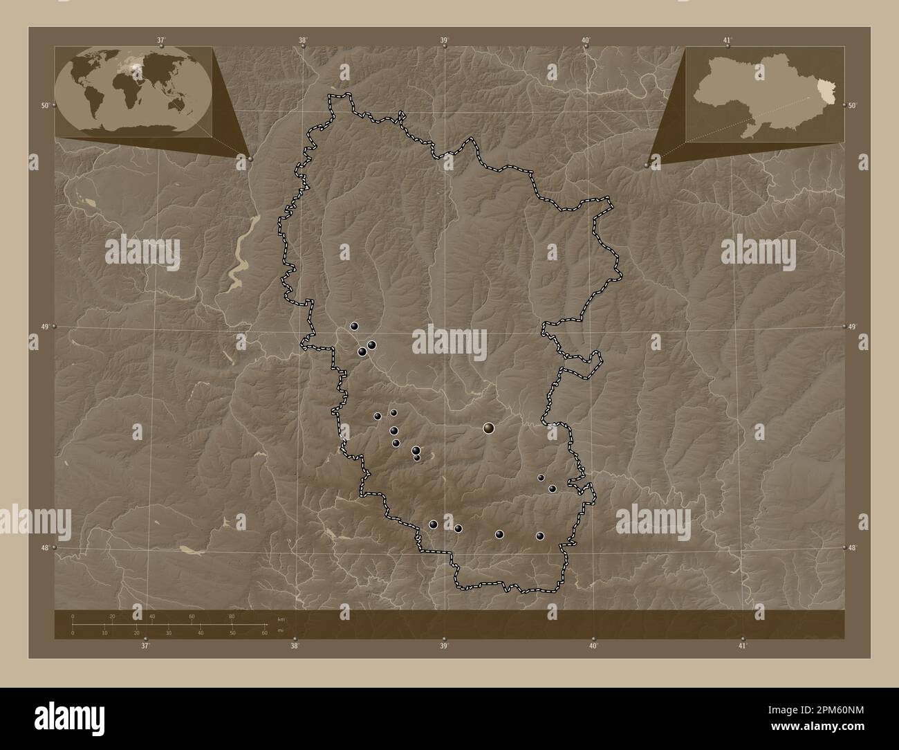Luhans'k, region of Ukraine. Elevation map colored in sepia tones with ...