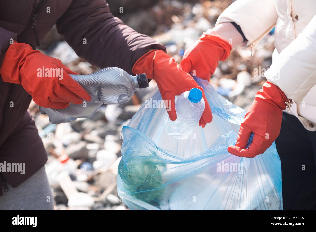 close up hands wearing gloves collecting plastic garbage help clean up ...