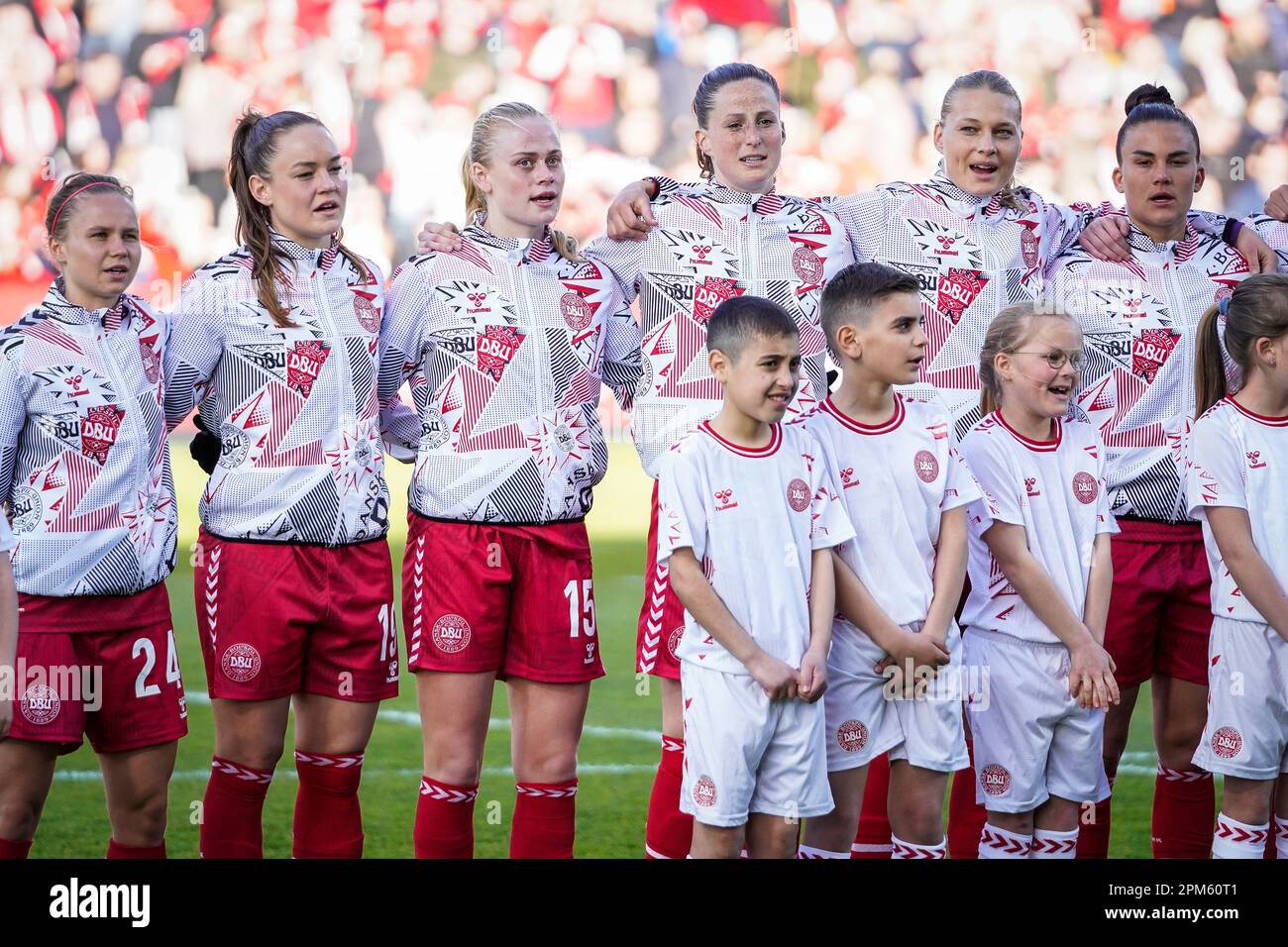 Odense, Denmark. 11th Apr, 2023. The players of Denmark line up for the ...
