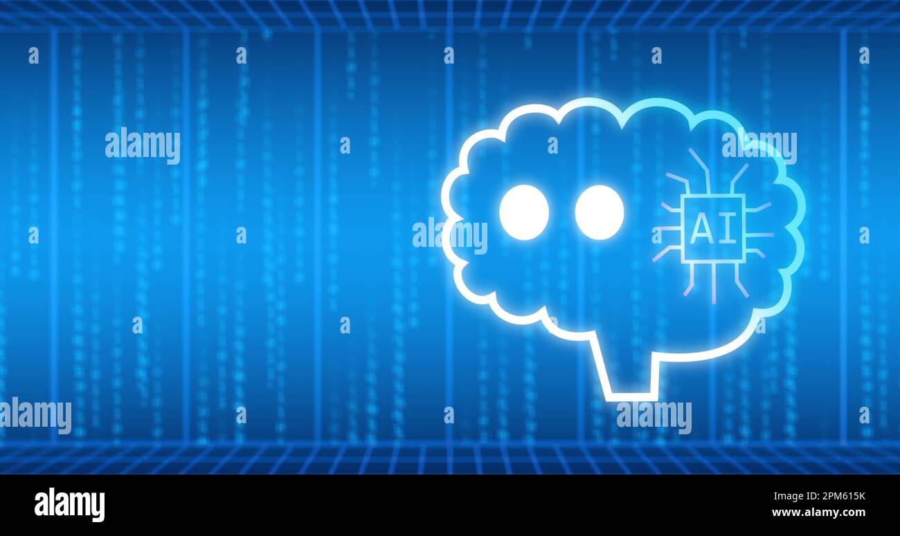 Composition of brain icon over lines on blue background Stock Photo - Alamy