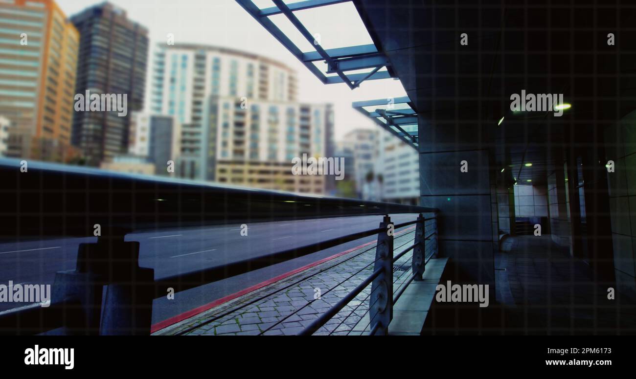 Composition of lines over road and city Stock Photo - Alamy