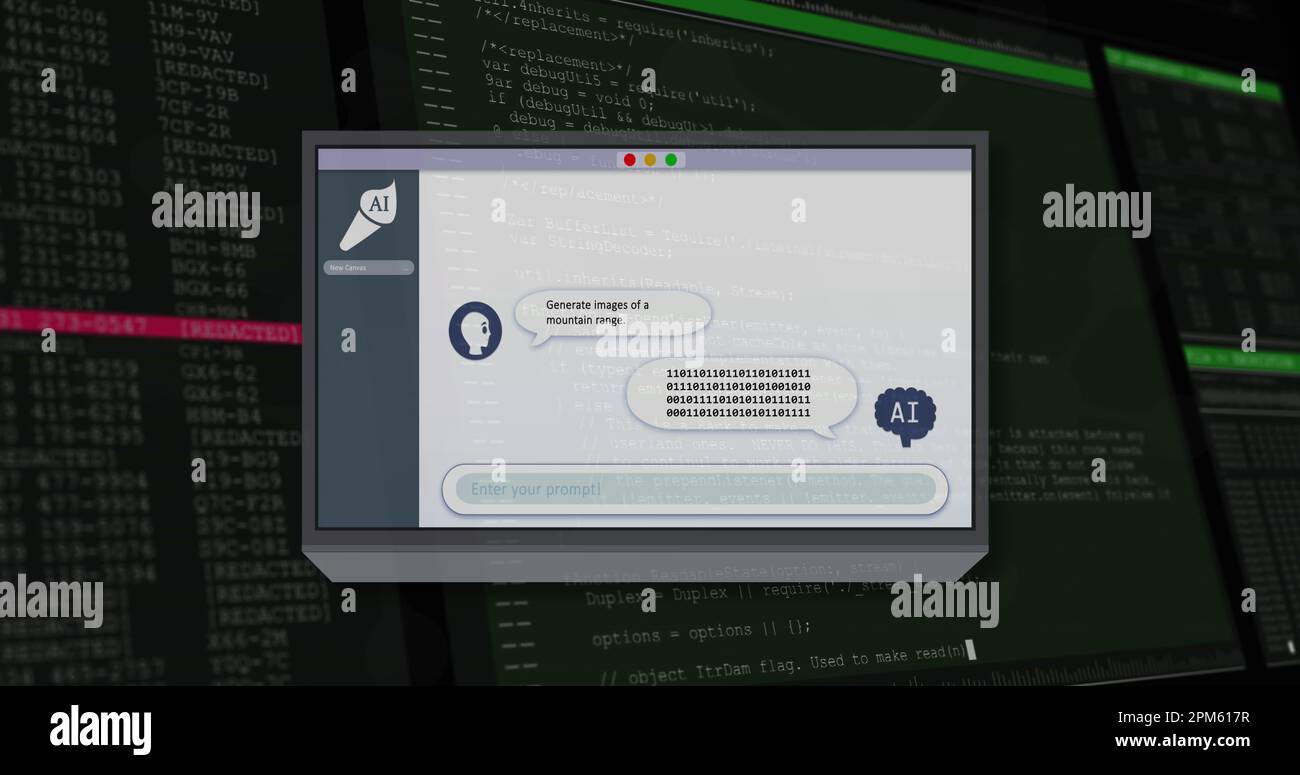 Image of screen with online chat over data processing Stock Photo - Alamy