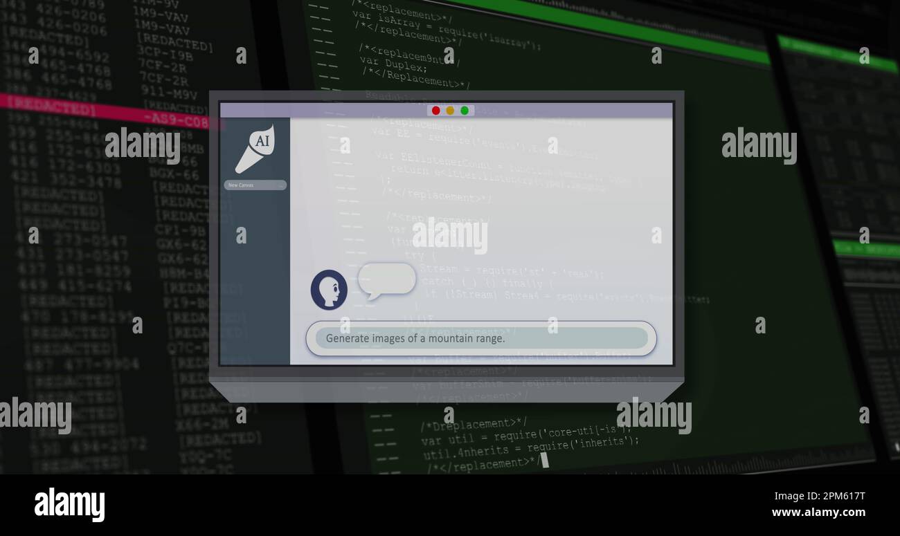 Image of screen with online chat over data processing Stock Photo - Alamy