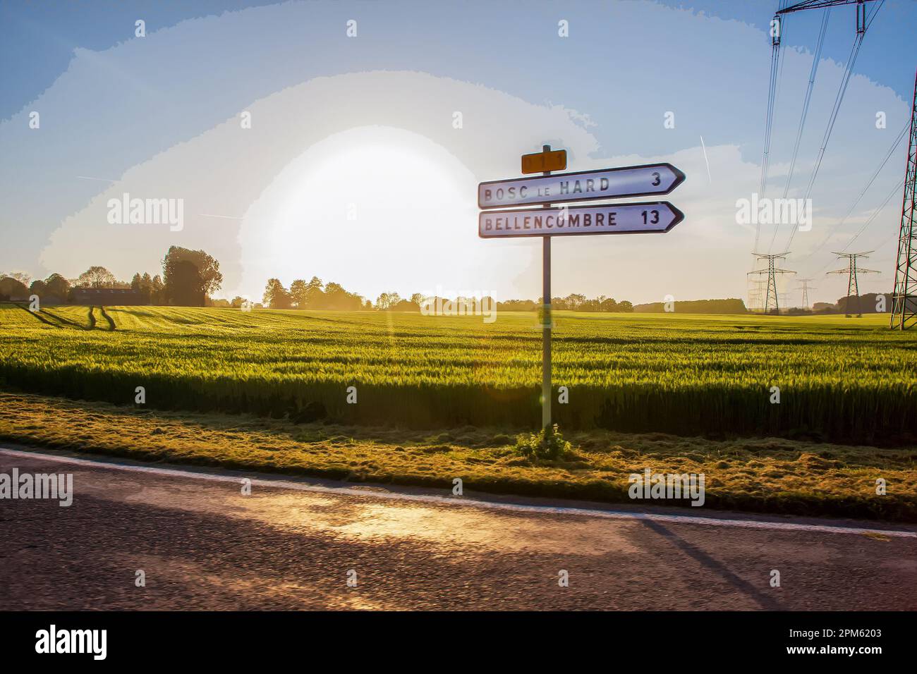 Road in Normandy and distance indicator in km . Sunset Springtime Stock ...