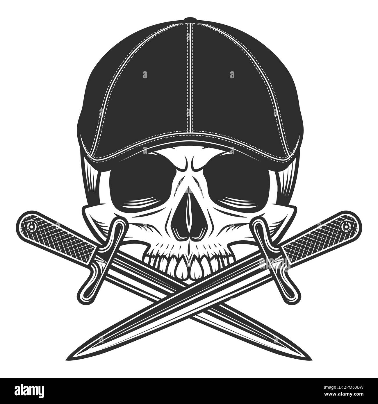 Skull without jaw in gangster gatsby tweed hat flat cap with dagger ...