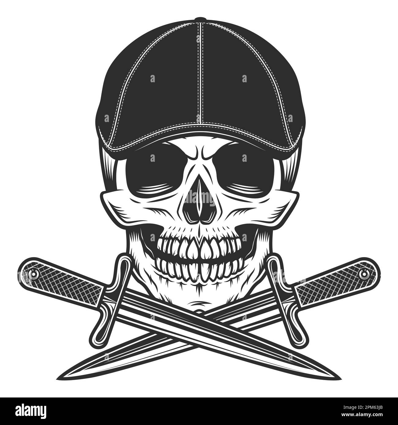 Skull in gangster gatsby tweed hat flat cap with dagger knife vintage ...