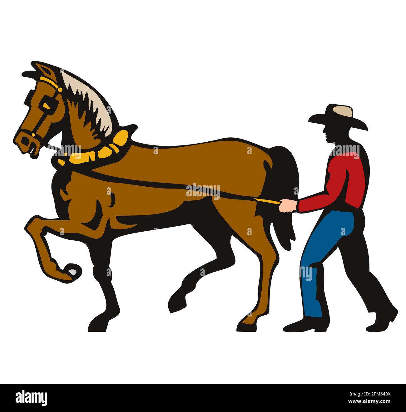 Illustration of a farmer and work horse viewed from side on isolated ...