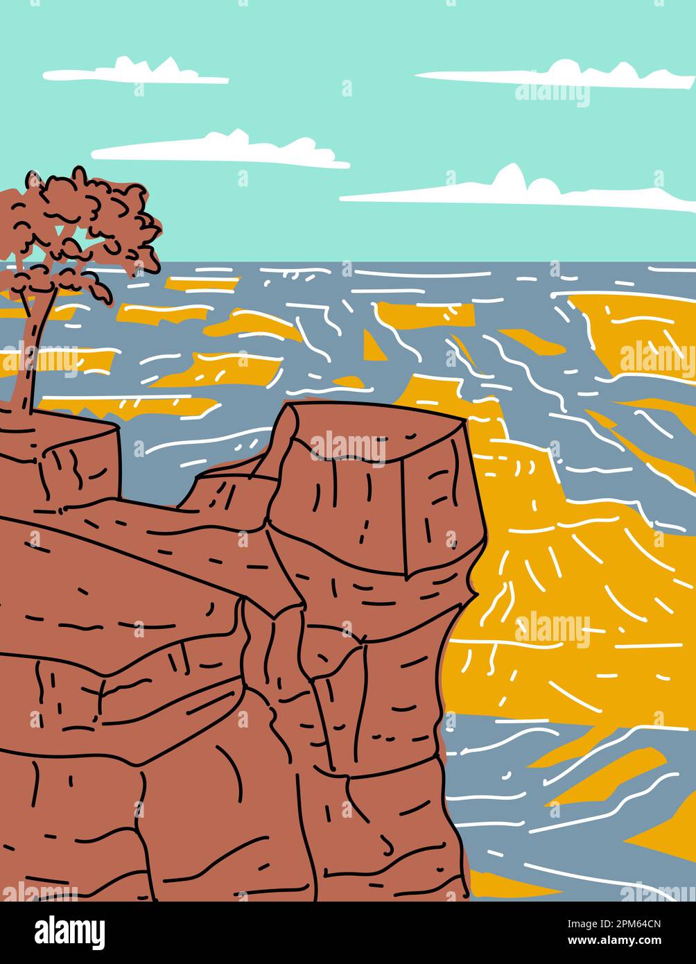 WPA poster art with line art of view of Grand Canyon National Park from ...