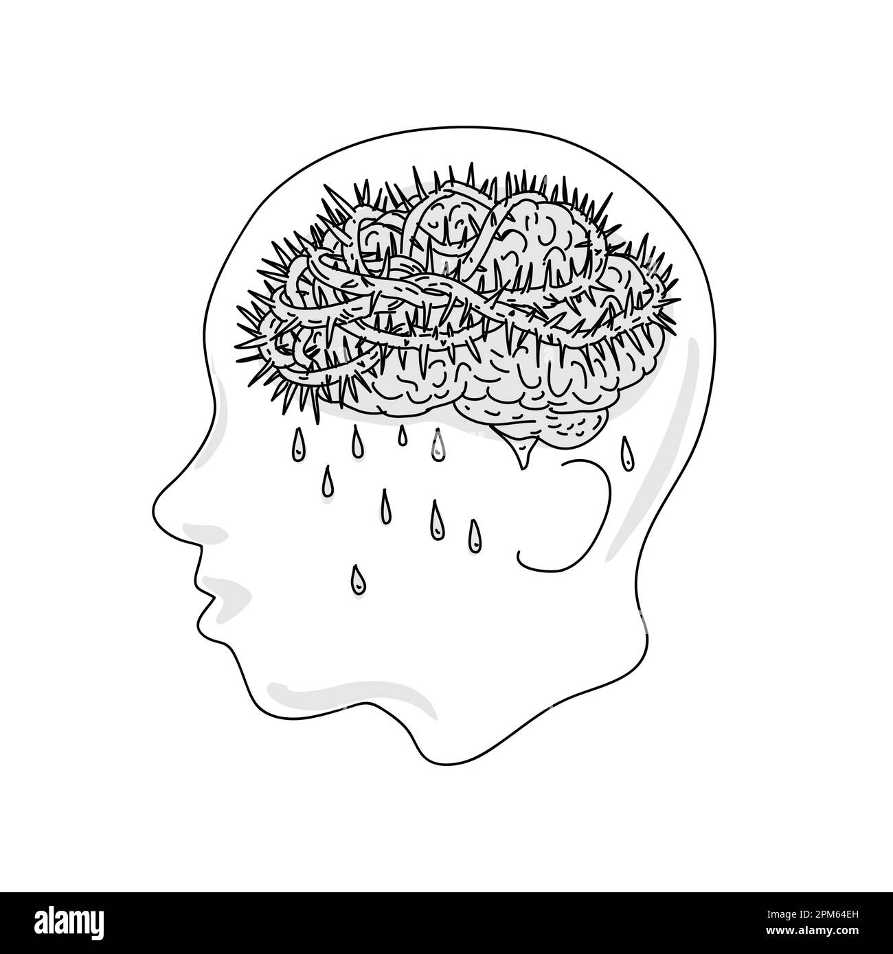 Line art drawing illustration of man with depression showing brain ...