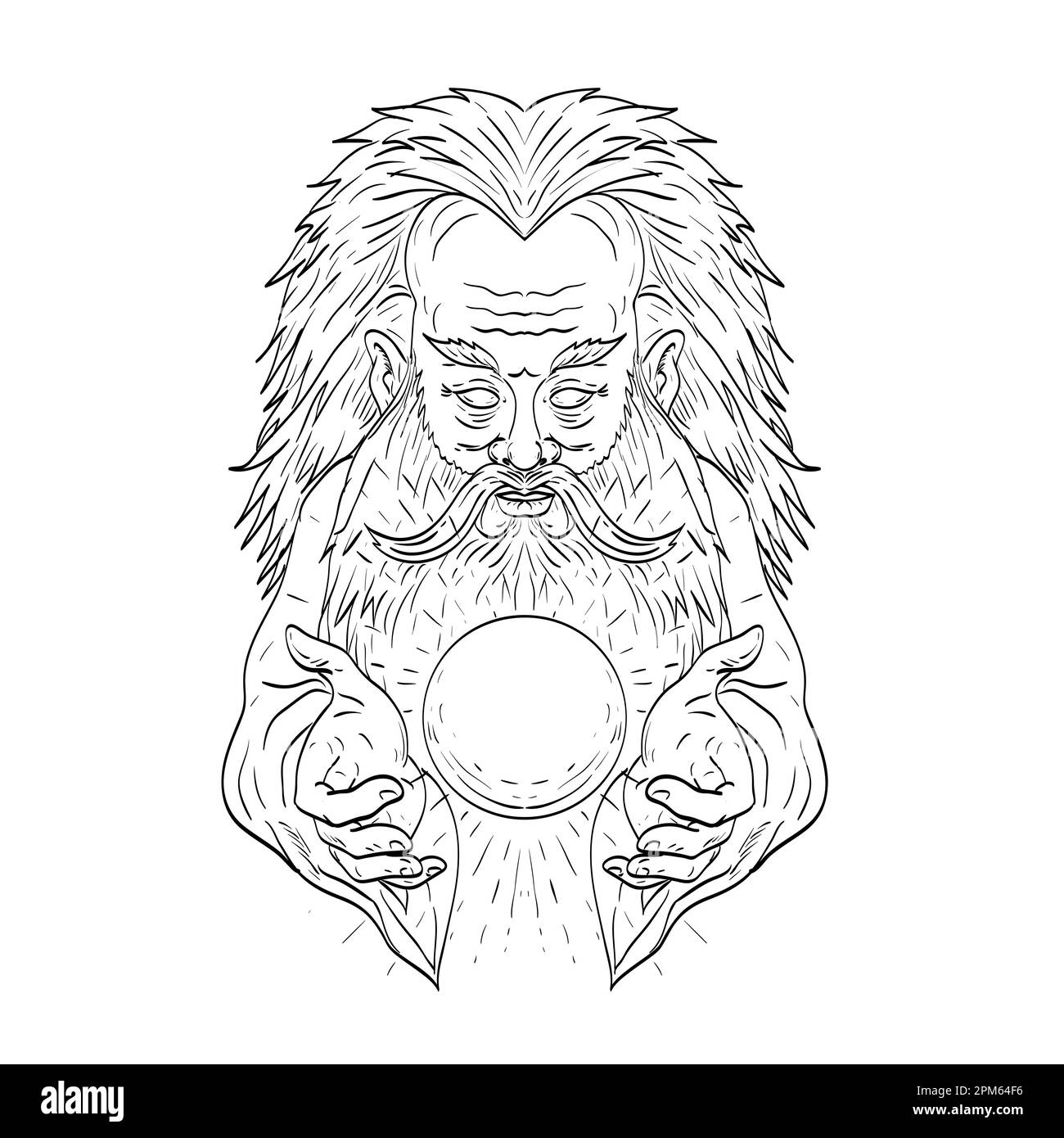 Line art drawing illustration of mystic man with crystal ball viewed ...