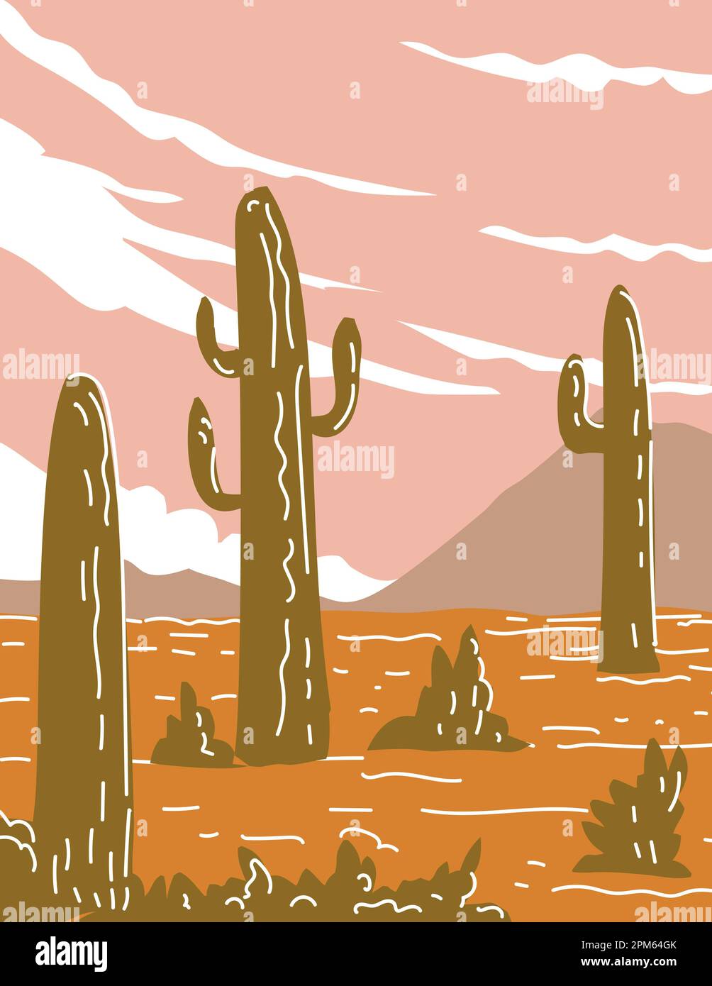 WPA poster art with line art of Saguaro National Park located in ...