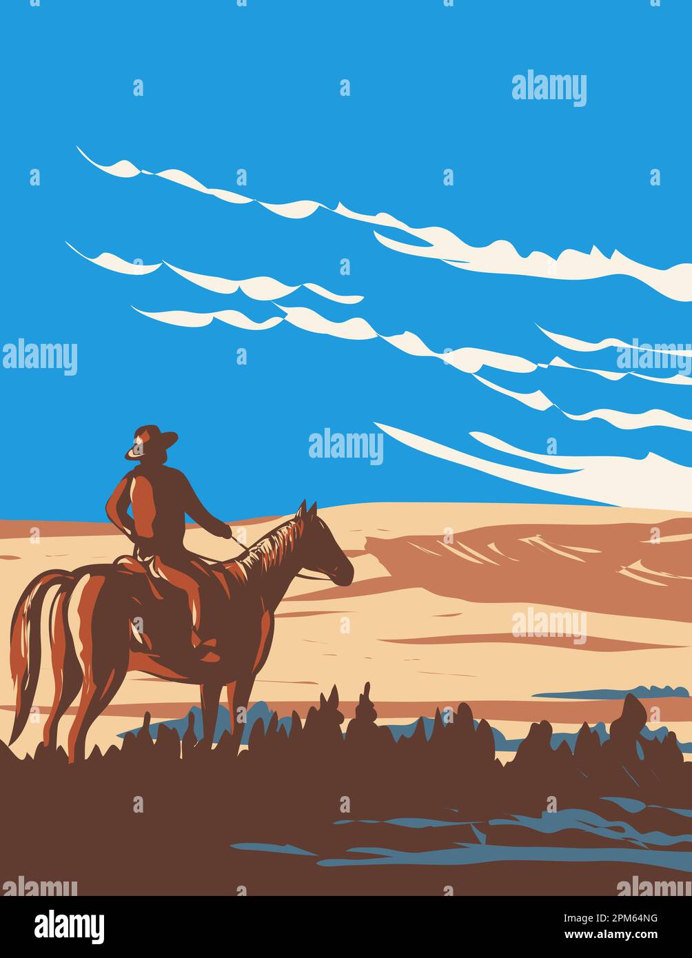 WPA poster art of cowboy and horse at West Block of Grasslands National ...