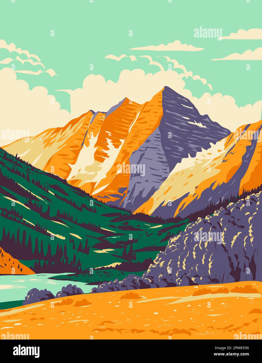 WPA poster art of the Maroon Bells in the Elk Mountains, Maroon Peak ...