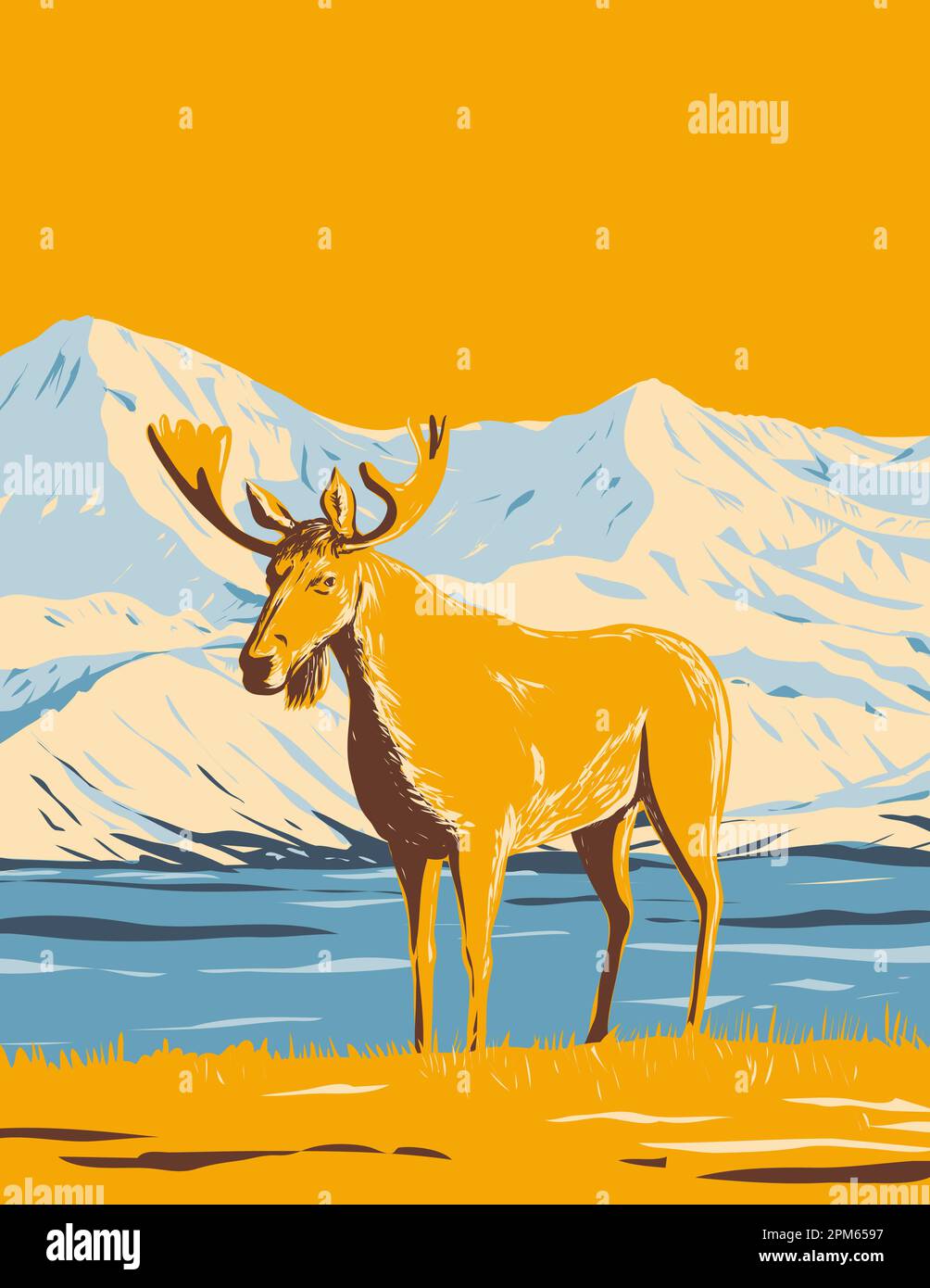 WPA poster art of an adult male moose or elk in Denali National Park ...