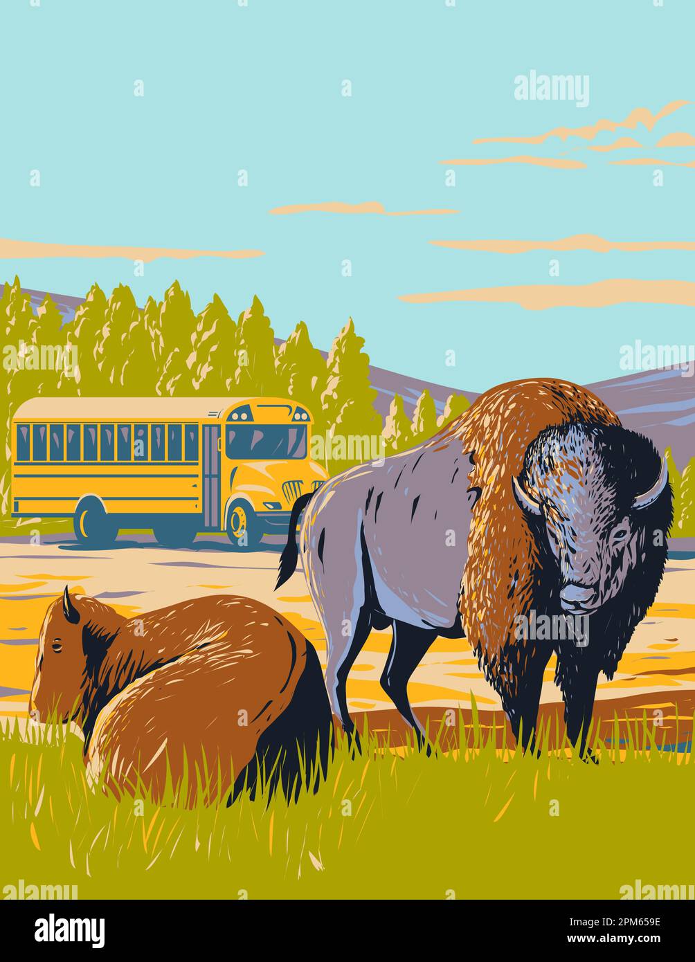 WPA poster art of a wildlife bus tour and North American bison or ...