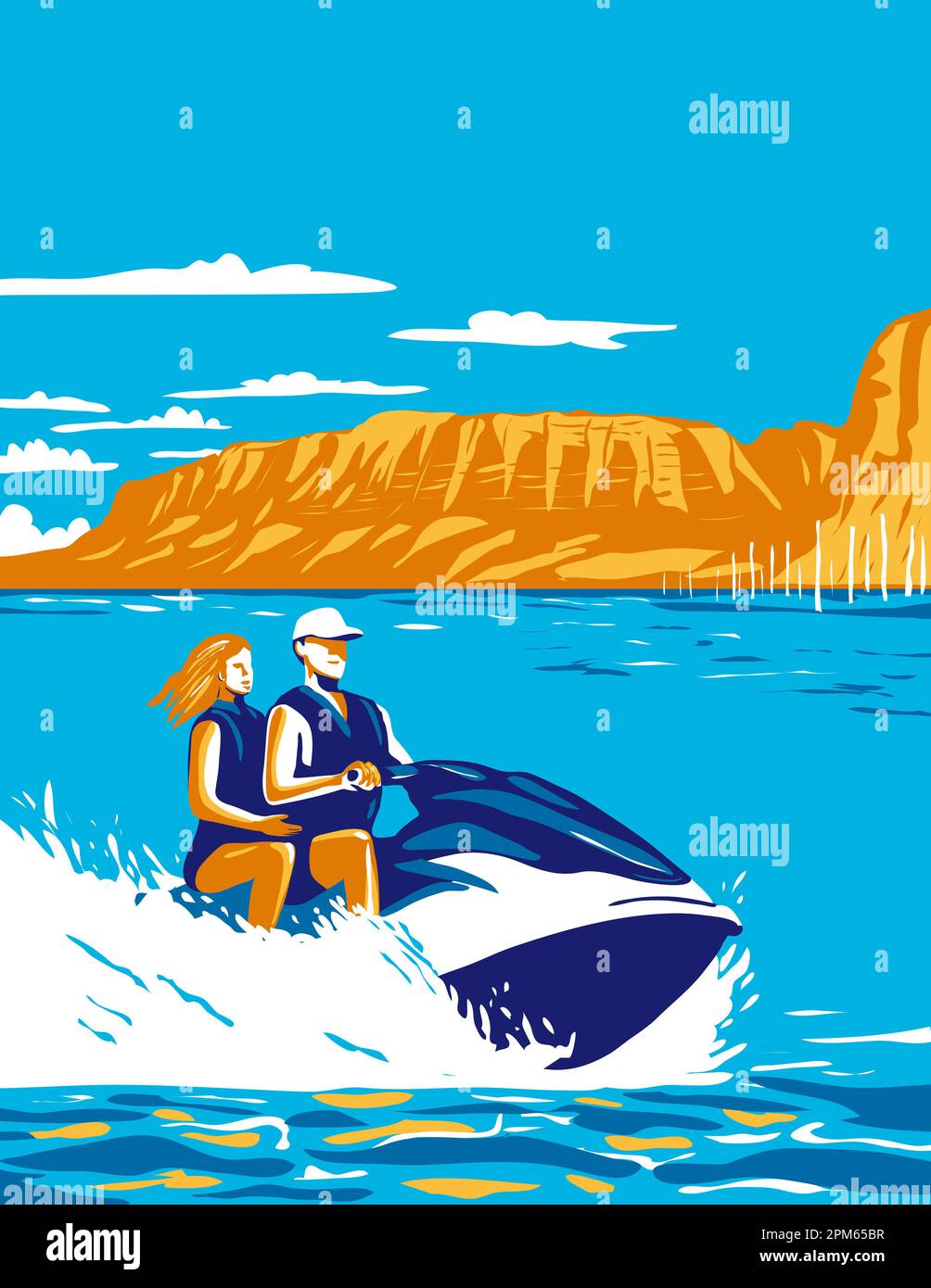 WPA poster art of Cedar Bluff State Park with couple riding jet ski in ...