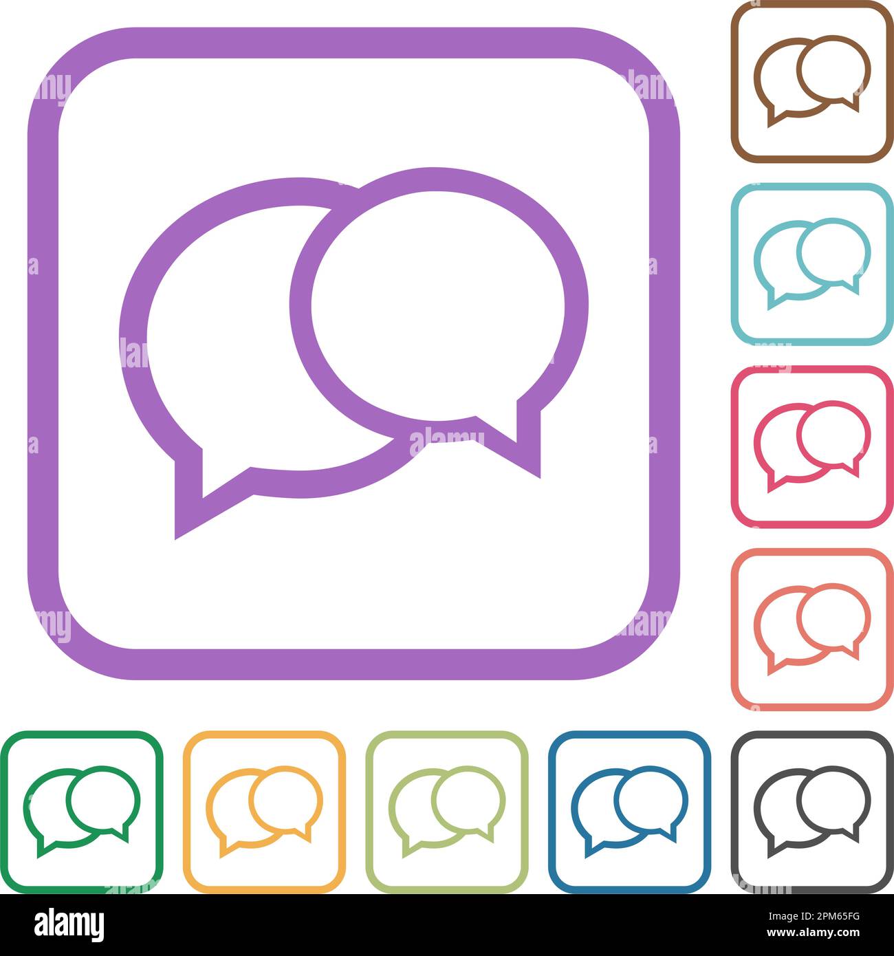 Two oval chat bubbles outline simple icons in color rounded square frames on white background ...