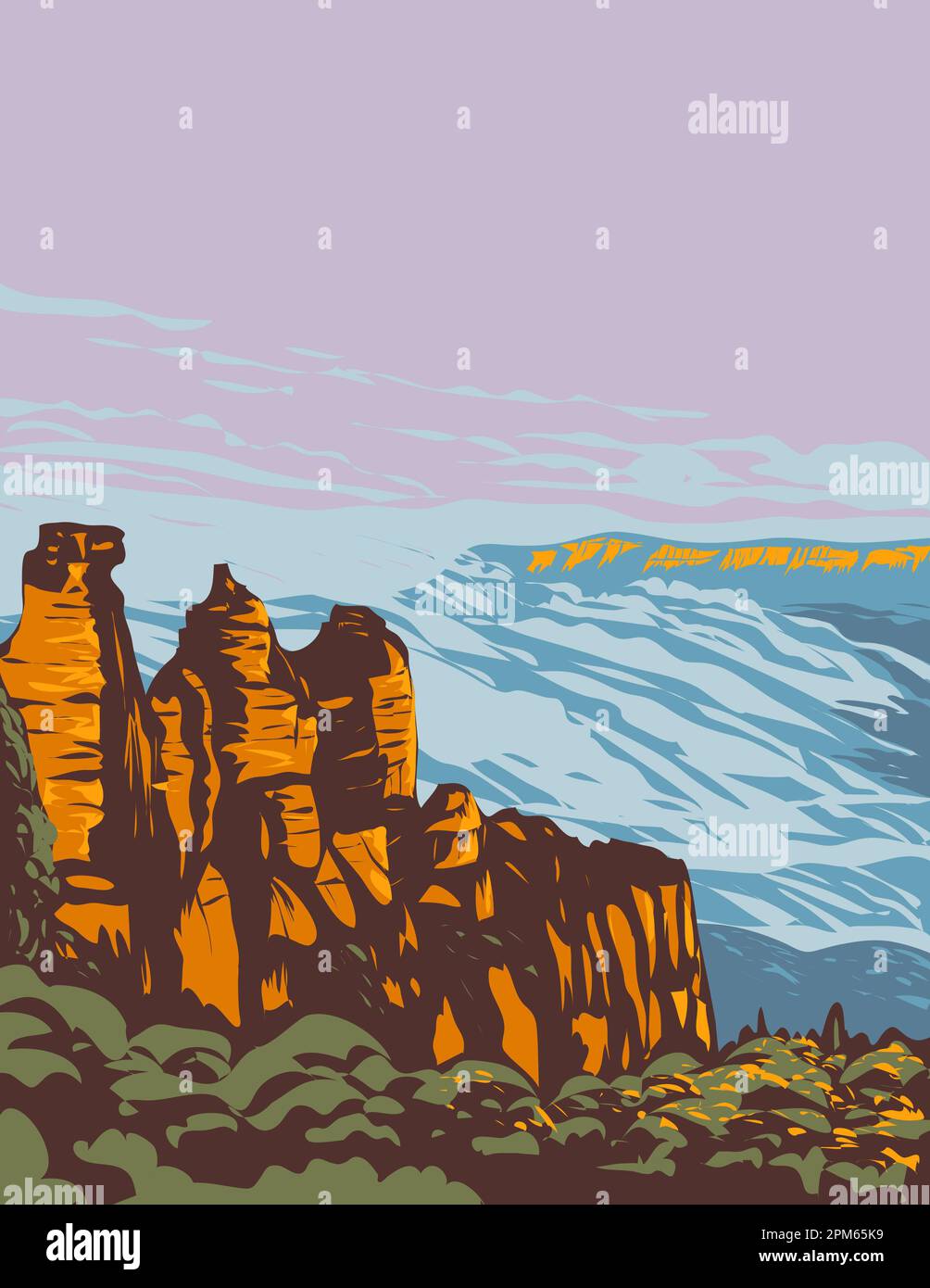 WPA poster art of Blue Mountains National Park with Three Sisters ...