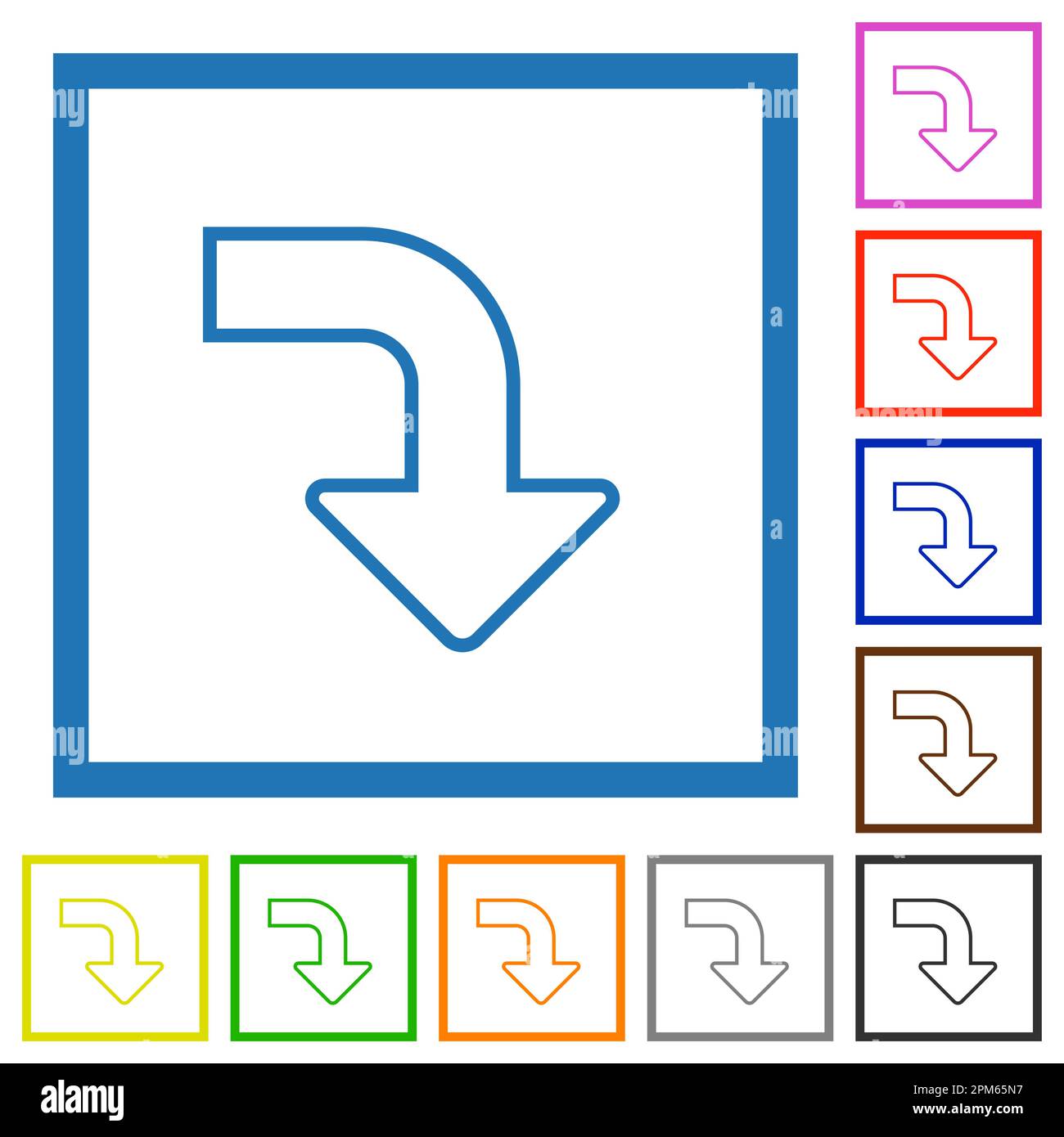 Right bottom side turn arrow outline flat color icons in square frames ...
