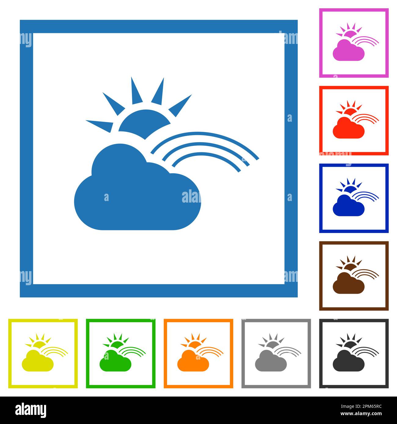 Sunny and rainbow weather flat color icons in square frames on white ...