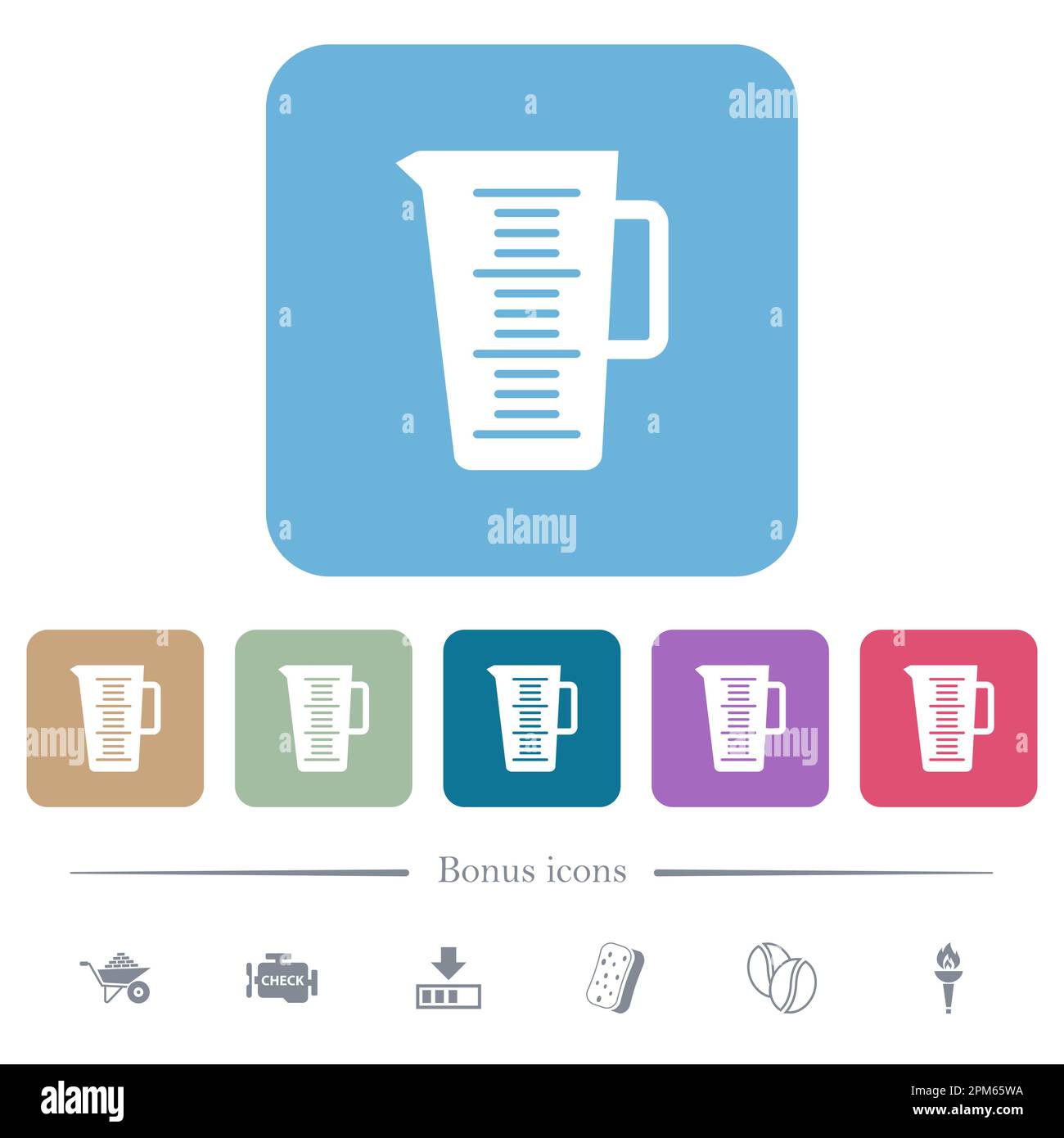 Measuring cup solid white flat icons on color rounded square backgrounds. 6 bonus icons included ...