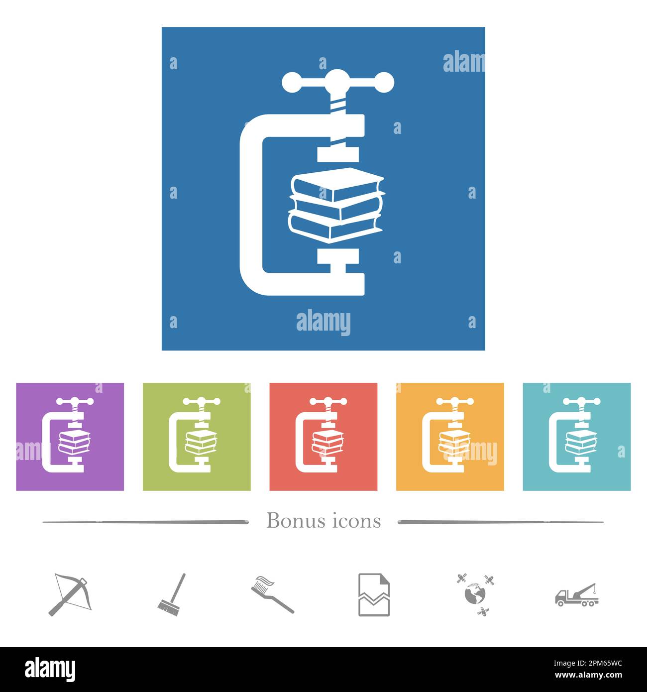 compressing books with vise clamp flat white icons in square ...