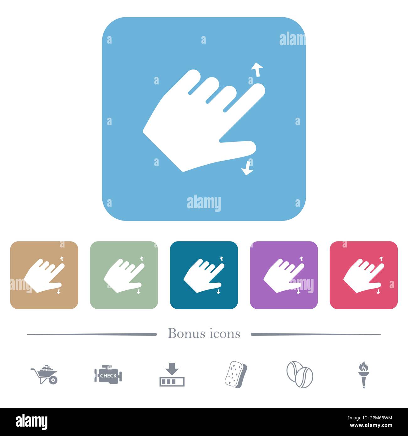 Left handed pinch open gesture white flat icons on color rounded square backgrounds. 6 bonus ...